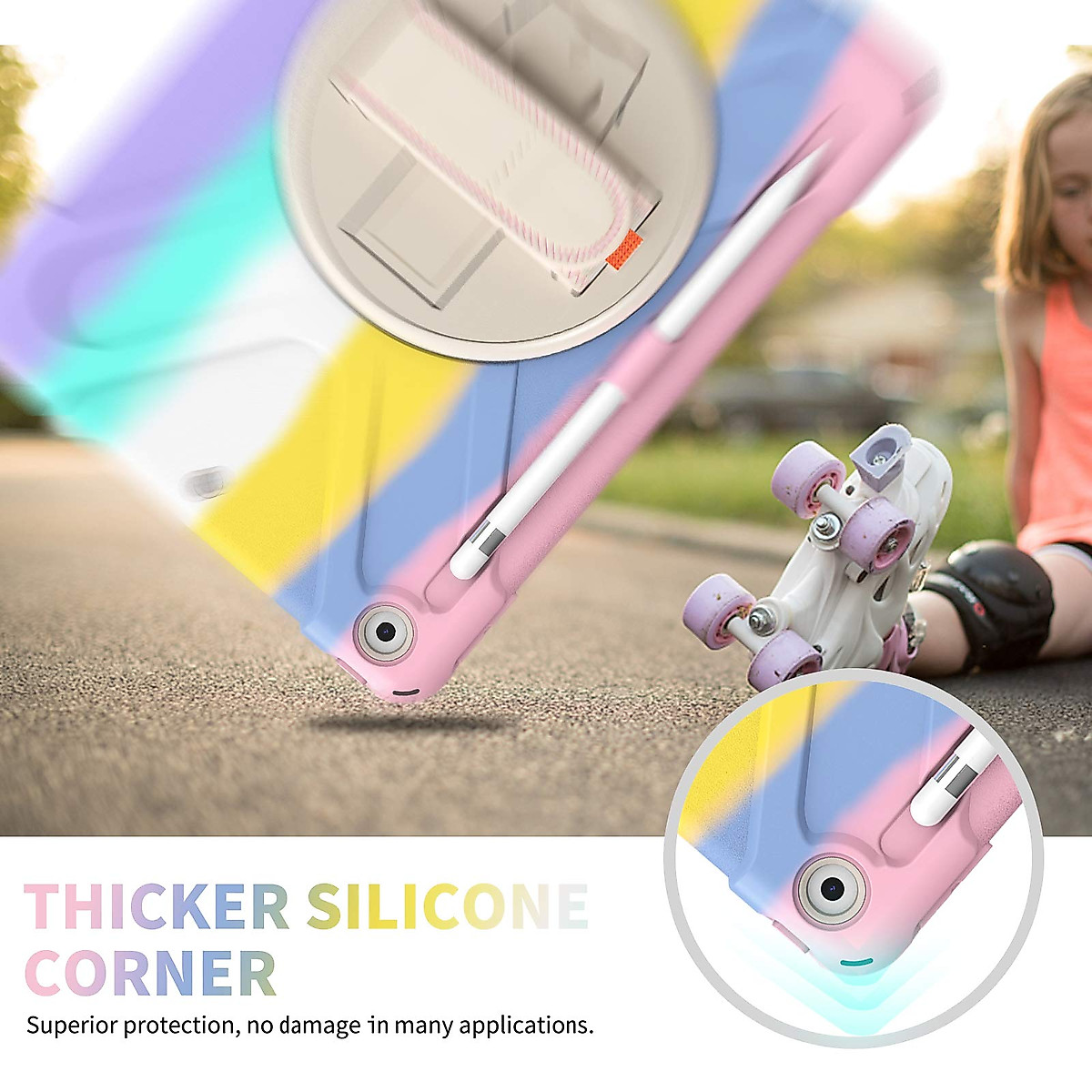 TSQQST iPad 9th 8th 7th Generation Case for Kids Girls 2021 2020 2019 | iPad Case 10.2 Inch Pink Colorful Cute w/Pencil Holder Screen Protector Stand Hand Shoulder Strap for iPad 9th/8th/7th Gen