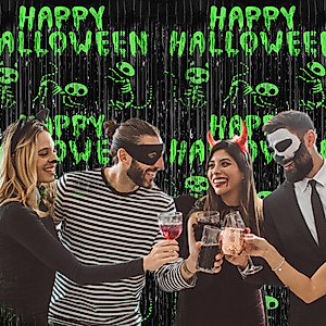 2 Pack Halloween Foil Fringe Curtains Decorations, 3.3 x 6.6 FT Black Tinsel Fringe Curtain Cat Happy Halloween Decorations Indoor Photo Backdrop Streamers for Home Halloween Party Decor