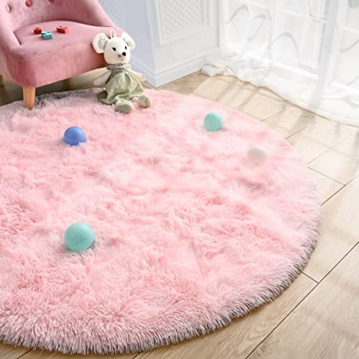 Merelax Pink Round Rug for Girls Room, 4'x4' Fluffy Circle Rugs for Teen Girls Princess Castle Cute Nursery Rug for Kids Room, Furry Shaggy Rug for Dorm Bedroom, Fuzzy Plush Circular Carpet for Baby