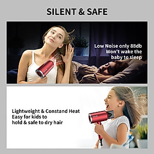 Ionic Hair Dryer, DOOAIR 1875W Blow Dryer with Diffuser and Concentrator, Professional Hair Dryer for Curly Hair, Negative Ion Technology, Constant Temperature Hair Care for Light and Quiet (Red)