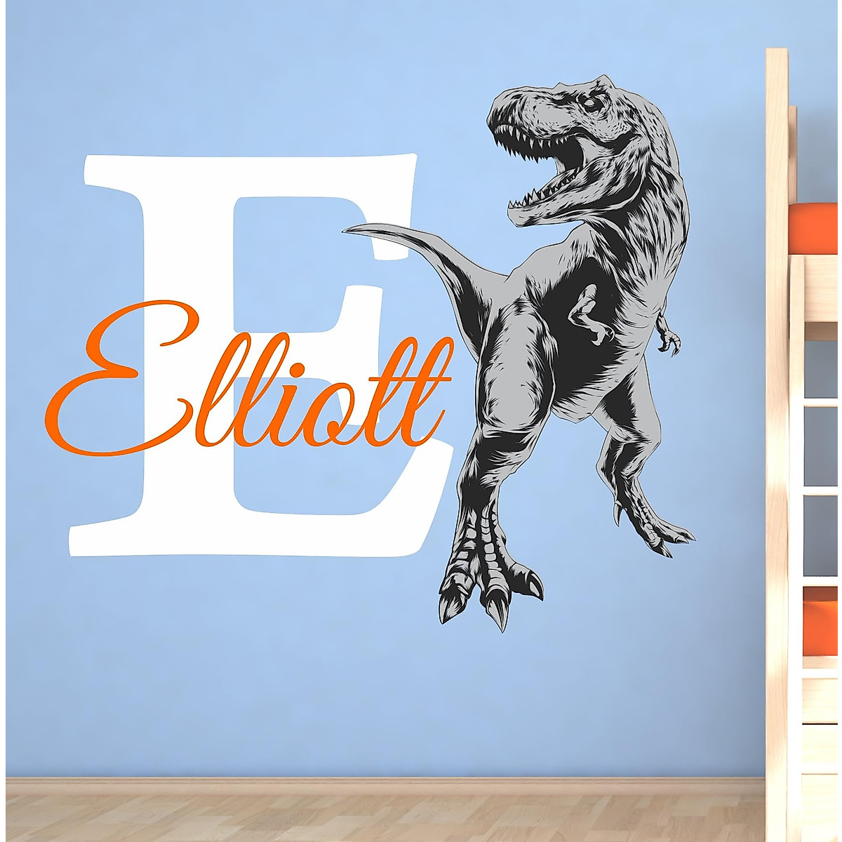 Boys Nursery Blue T Rex, Tyrannosaurus Dinosaurs Personalized Custom Name Initial Vinyl Wall Decal Decor Stickers, Customized Nursery Dino Theme, (Multiple Size Choices) (White Initial/Grey Dinosaur)