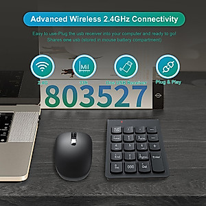 LOONASA Wireless Numeric Keypad, Mini 2.4G 19 Keys Number Pad and Mouse with Batteries, Upgraded Version of 10 Key USB Keypad Portable Silent Extensions Keyboard for Laptop, PC, Desktop, Notebook