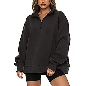 Meladyan Womens Half Zip Sweatshirt Oversized Long Sleeve Collar Drop Shoulder Solid 1/4 Zipper Pullover Jacket Black