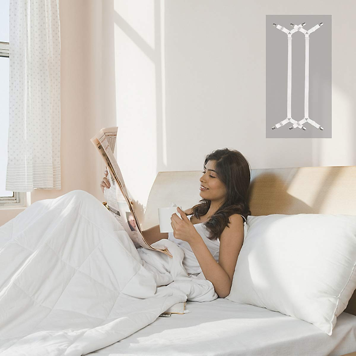 ACEDÉCOR Sheet Straps, Fitted Sheet Clips Under Mattress Keeping Sheets in Place, Bed Sheet Holder Straps for Twin, Full, Queen, King(White)