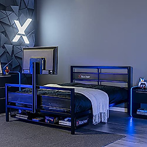X Rocker Basecamp Gaming Bed Frame, with Rotating TV Mount, Storage, Metal Mesh Frame, 2111101, 80.63" x 37.68" x 42.8", Twin Size, Black
