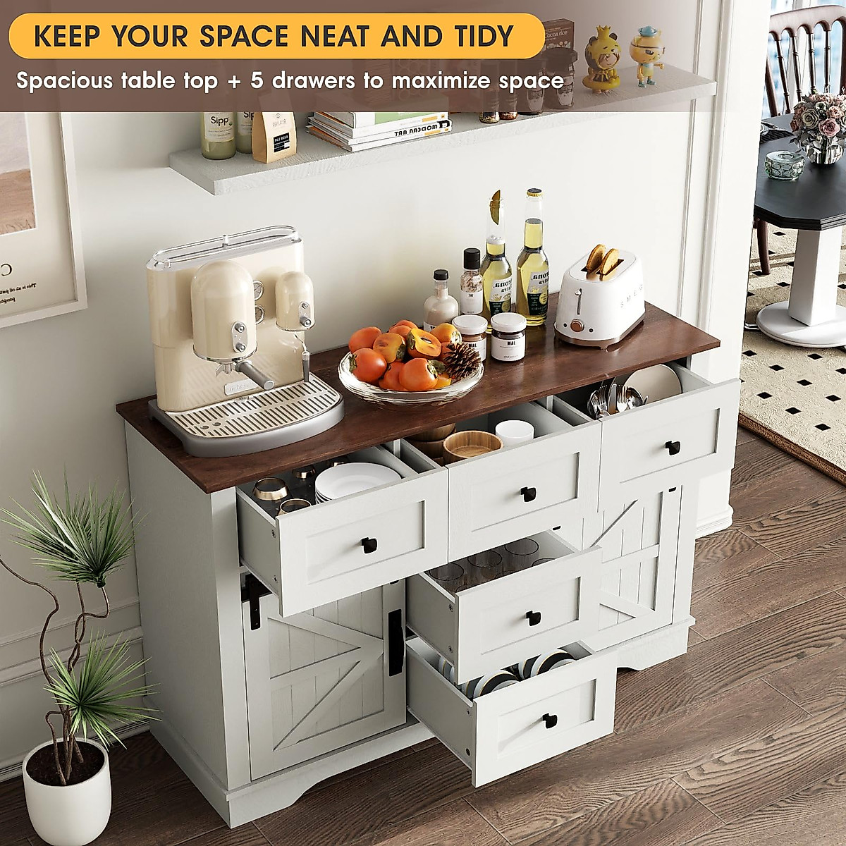 Vabches Farmhouse Sideboard Buffet Cabinet with Storage, Large Kitchen Sideboard Cabinet, Sliding Barn Doors and 5 Drawers, Adjustable Storage Shelves, Coffee Bar Table for Dining Room, White