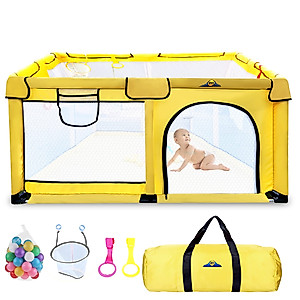 B22 Playpen 51”x51” + 2pull Rings+ 50pcs Ocean Balls+ 1sports Basket Loop; Playpen for Babies, Toddlers, Kid. Large Playpen for Toddlers, Sturdy, Safe, Portable Play Yard Indoor & Outdoor, Yellow