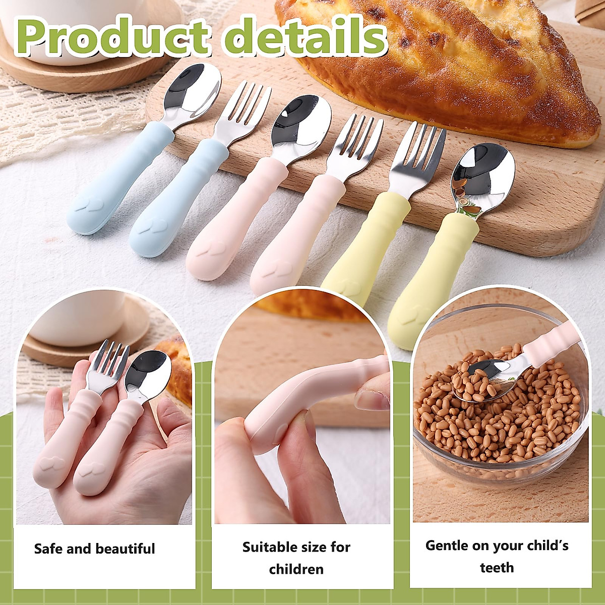 HAKSEN Toddler Utensils, Baby Forks and Spoons Set, 3 Forks and 3 Spoons, Perfect Length for Baby Spoons Self Feeding, Stainless Steel Cutlery with Silicone Handle