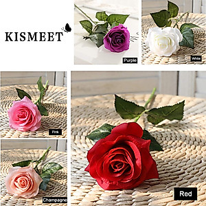 Artificial Roses Fake Silk Flowers Real Touch Long Stem for Wedding Party Home Office Outdoor Craft Decoration, Pack of 10 (Red)