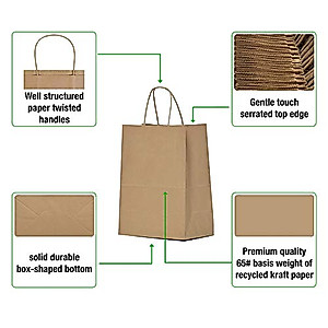 Qutuus Kraft Paper Gift Bags with Handles - 8x4.25x10 25 Pcs Brown Shopping Bags, Party Bags, Goody Bags, Cub, Favor Bags, Business Bags, Kraft Bags, Retail Bags