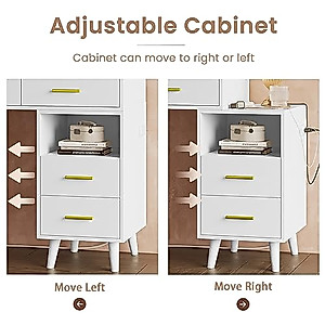 ADORNEVE Makeup Vanity with Lights in 3 Colors, Vanity Table with Charging Station, White Vanity Desk with Mirror and Lights, Makeup Table with 5 Drawers & Nightstand for Women Girls, White