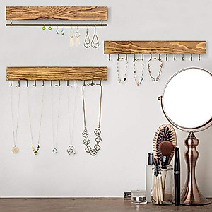 MyGift 6-Piece Burnt Wood Hanging Jewelry Organizer - Wall Mounted Bracelet and Necklace Holder Rack Set with Hooks and Hanger Bar
