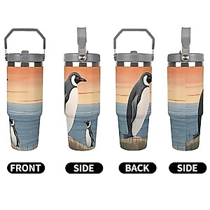 30oz Stainless Steel Insulated Tumbler with Flip Lid & Straw, Leakproof Travel Mug for Car, Hand Drawn Penguin Double Wall Vacuum Thermal Coffee Cup with Handle, Spill-Proof Design for Hot/Cold Drinks