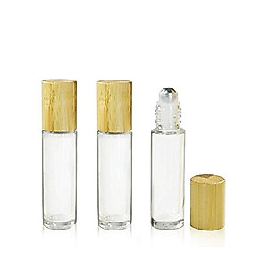 Grand Parfums 3Pcs 10mL/0.35 Oz Refillable Clear Glass Essential Oil Roll-on Bottles w/Steel or Glass Roller Balls and Bamboo Lids Empty Cosmetic Makeup Perfume Lip Gloss (3 with Glass Rollerballs)