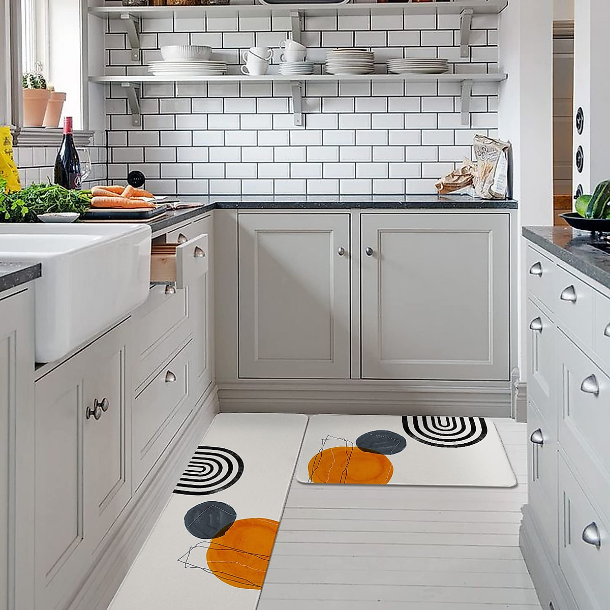 Boho Middle Century Kitchen Rugs and Mats Set of 2, Non-Skid Bathroom Rugs Modern Geometric Abstract Art Washable Kitchen Runner Floor Mat for Sink/Laundry Room/Office, 23.6"x35.4"+23.6"x70.9"