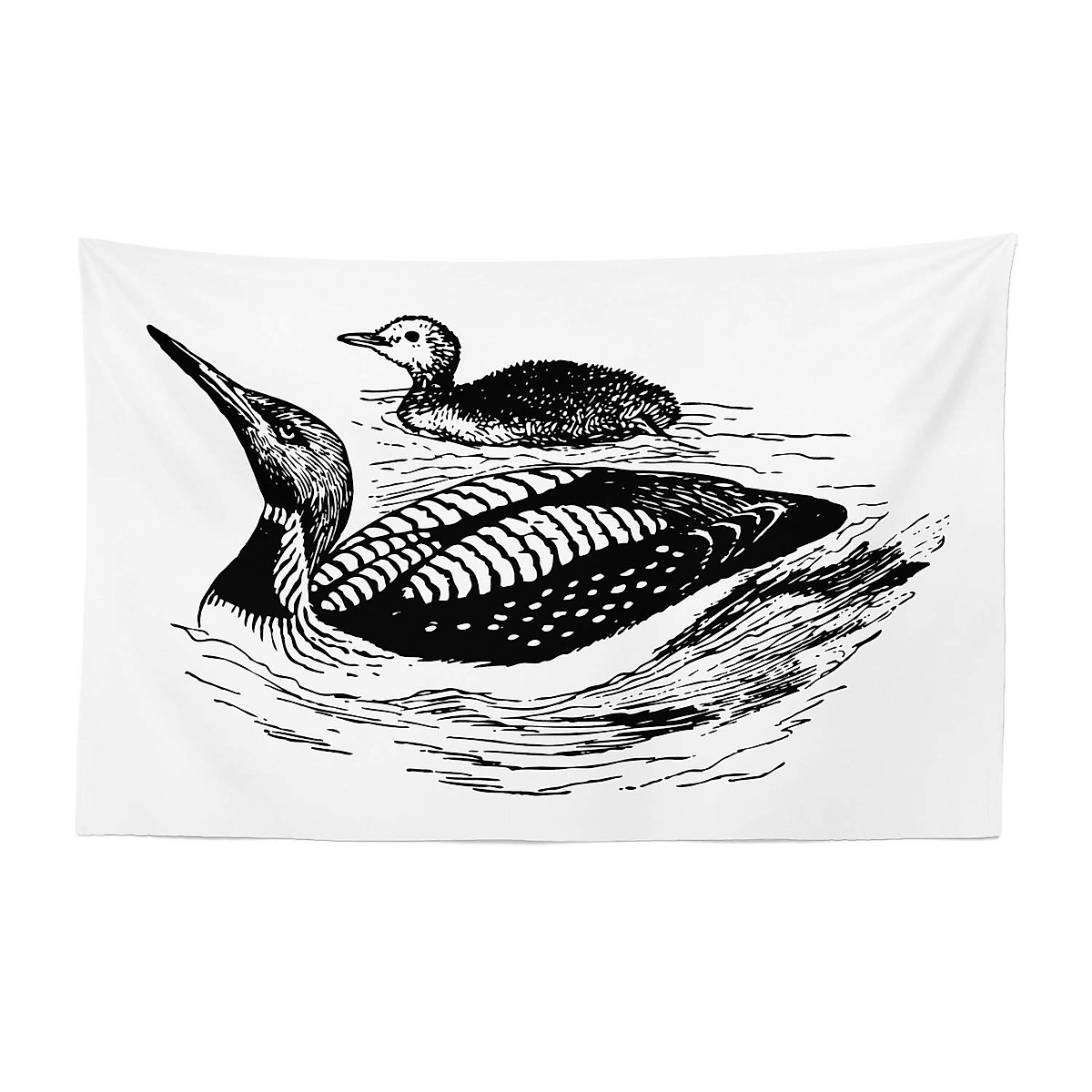 Ambesonne Loon Tapestry, Pencil Sketch Illustration of Mother and Silhouettes Swimming in Pond, Fabric Wall Hanging Decor for Bedroom Living Room Dorm, 45" X 30", Charcoal Grey White