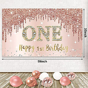 Happy 1st Birthday Banner Backdrop Decorations with Confetti Balloon Garland Arch, Rose Gold One Birthday Banner Balloon Set for Girls, Pink 1 Year Old Bday Poster Photo Booth Decor