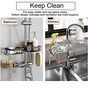 SIMCAS Sponge Holder, 2023 Upgraded NeverRust Sponge Holder for Kitchen Sink Caddy Organizer, Brush, Dishcloth, Over the Sink Faucet Sponge Holder Drain Rack for Kitchen & RV Accessory, Hooks, Silver