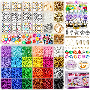 Gionlion 4mm Glass Seed Beads for Bracelets, 2 Boxes 24 Colors Bracelet Making Kit and Letter Beads for Jewelry Making, Friendship Bracelet Kit with Clay Beads for DIY Art Craft Kit Girls Gifts Toys