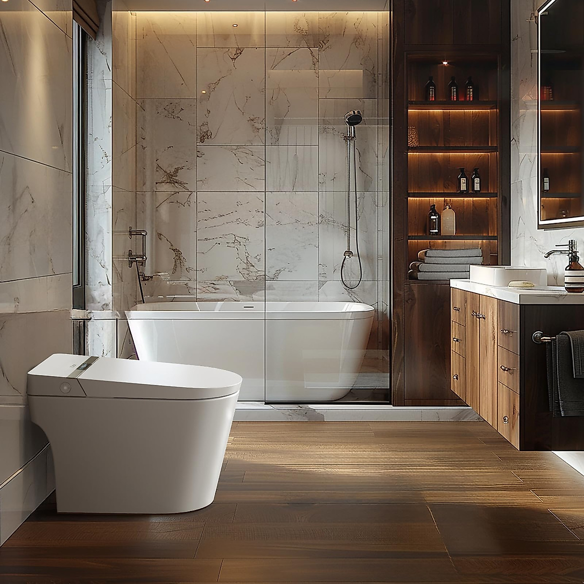 Smart Toilet with Build in Bidet, One Piece Tankless Toilet Elongated with Bidet and Dryer, Intelligent Toilet Electric with Auto Lid Open/Close, Heated Seat, Kick Flush, Night Light, LED Display