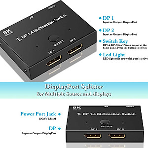 Displayport Splitter Knaive DP 1.4 DisplayPort 8K Converter Switcher Adapter Bidirectional Splitter DP for PC/Monitor Support Support 8k@30Hz /5K@60Hz/ 4K@120Hz (Medium)