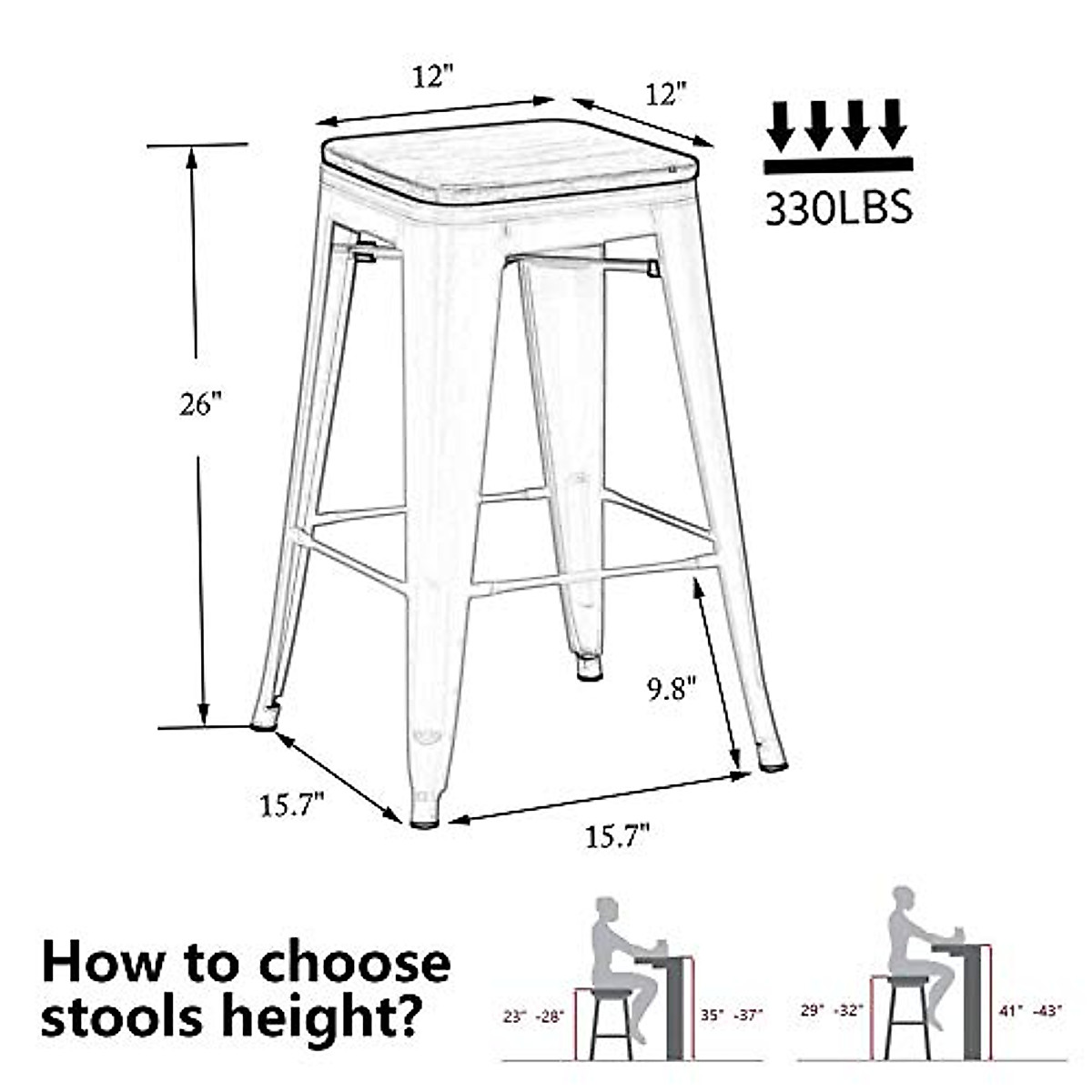 Alunaune 26" Metal Bar Stools Set of 4 Industrial Backless Counter Height Barstools Stackable Kitchen Patio Stool Wood Top-White