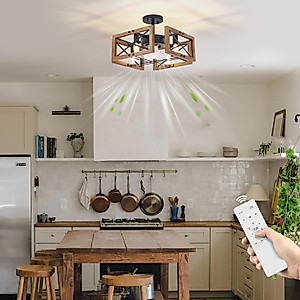 Farmhouse Ceiling Fans with Lights, Wood Flush Mount Ceiling Fan Lights with Remote Control,Caged Indoor Ceiling Fan with Light for Living Room,Bedroom,Kitchen