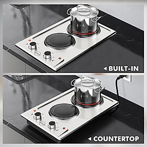 2 Burner Electric Cooktop 110v, Plug in Stainless Steel Electric Stove Top 12 inch Knob Control Countertop & Built-in Radiant Electric Stove with Residual Heat Indicator, Over-Temperature Protection