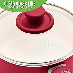 GreenLife Soft Grip Healthy Ceramic Nonstick, 1QT and 2QT Saucepan Pot Set with Lids, PFAS-Free, Dishwasher Safe, Red