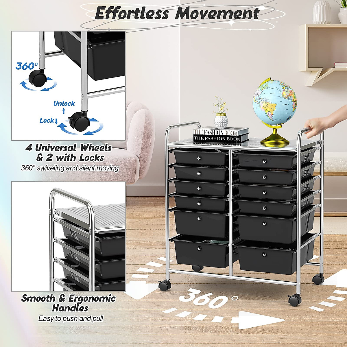 COSTWAY 12-Drawer Rolling Storage Cart, Moveable Art Craft Organizer W/Lockable Wheels, Metal Shelf, Files Arrangement Tools Makeup Storage Cart for Office, Home, School (Black)
