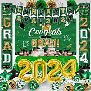 Green Gold Graduation Party Decorations 2024,Class of 2024 Graduation Party Supplies Include Congrats Grad Banner, Grad Backdrop, Porch Sign,Balloons,Foil Number 2024 for Graduation Party Supplies