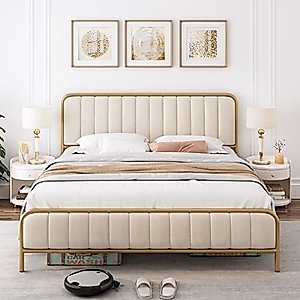 HITHOS Queen Size Bed Frame, Upholstered Bed Frame with Button Tufted Headboard, Heavy Duty Metal Mattress Foundation with Wooden Slats, Easy Assembly, No Box Spring Needed (Golden/Off White, Queen)