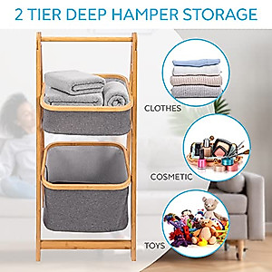 SerenelifeHome 2 Tier Fold Out Floor Standing Bathroom Storage Tower Shelf Collapsible Hamper Shelves Bamboo Wooden Drawers Small Ladder Organizer Shelving Corner Stand Unit for Bedroom Laundry Room