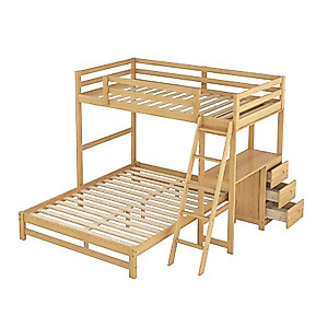 Bellemave Twin Over Full Bunk Bed with Desk and Storage Drawers Wood Convertible Loft Beds Can Be Separated into 2 Kids Bunked Frame for Girls Boys Teens, Natural