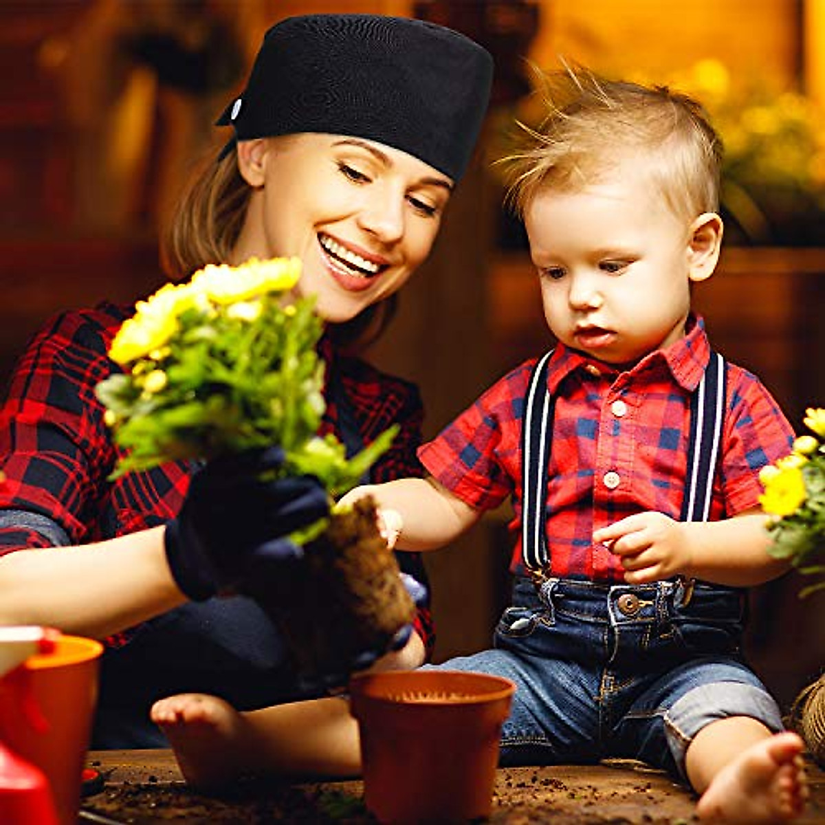 SATINIOR 4 Pieces Adjustable Bouffant Hats Button Sweatband Cap Tie Back Hats for Women Men (Black)