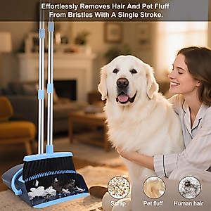Broom and Dustpan Set 2023 Outdoor Or Indoor Broom Dust Pan 3 Foot Angle Heavy Push Combo Upright Long Handle for Kids Garden Pet Dog Hair Lobby Wood Floor Sweeping Kitchen House (Blue)