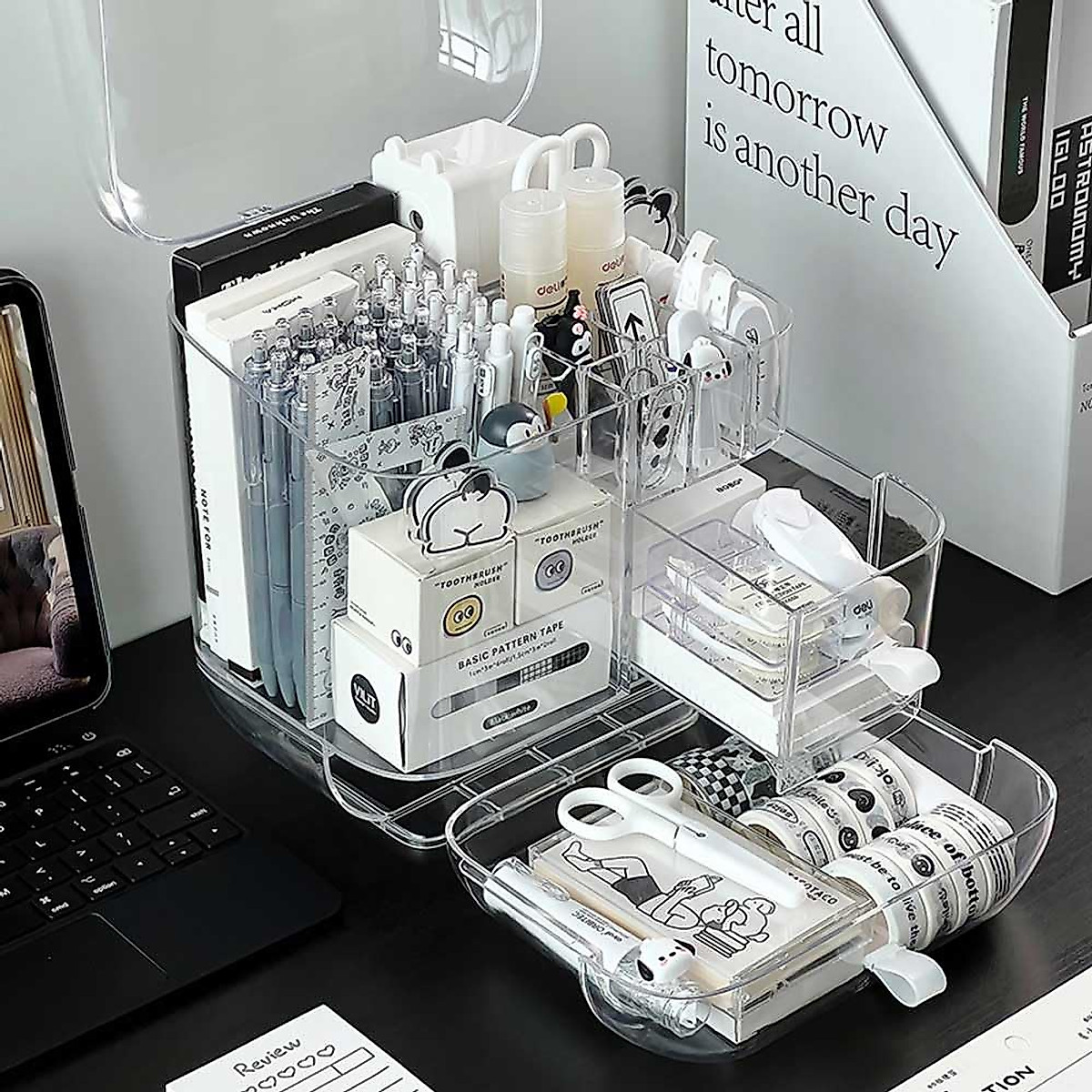 WEAREZ Multifunctional Desktop Pen Organizer,Acrylic Table Organiser With Drawer,Multifunctional Desk Organiser With Cover,Pen Holder For School,Office,Home