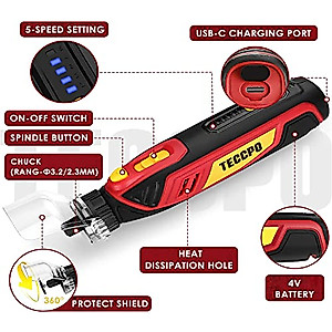 4V Cordless Rotary Tool, 5-Speed 25000RPM TECCPO Mini Power Rotary Tool with 53 Accessories, Rechargeable Rotary Tool for Grinding, Polishing, Wood Carving, Engraving, Soft Metal Drilling, Cutting