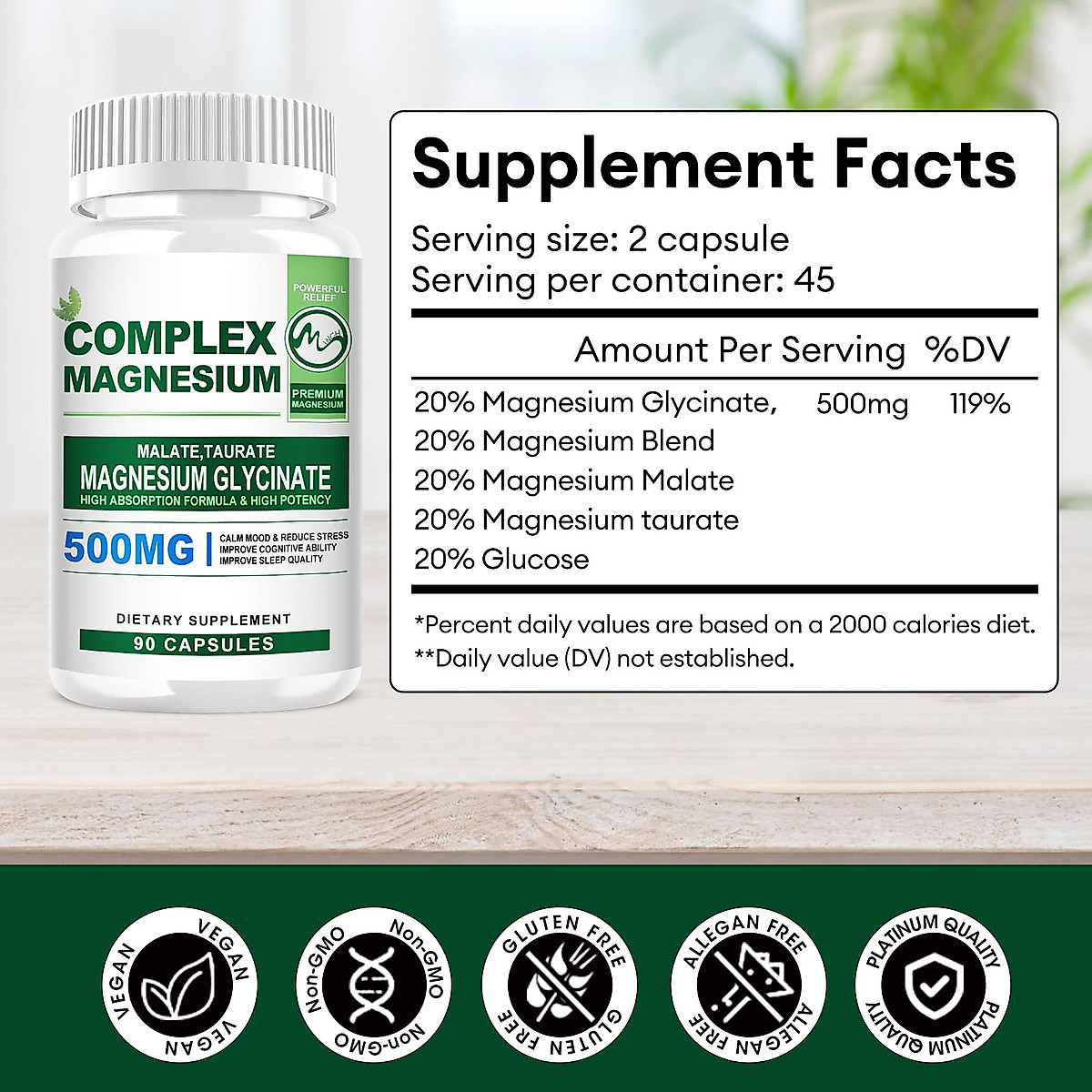 2 Pack Magnesium Complex Capsules 500MG, Blend with Magnesium Glycinate, Taurate, Malate - 180 Capsules