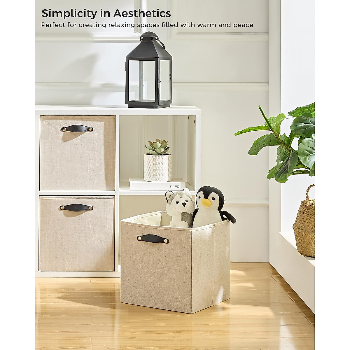 FABINADO Cubes Storage Organizers - Fabric Foldable Bins, 13x15 Inch Kallax Cubby Bins with Dual Handles, Candlelit Beige, 4 Pack