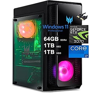 Acer Predator Orion 3000 Gaming Desktop | 12th Gen Intel 12-Core i7-12700F Processor | 64GB DDR4 1TB SSD + 1TB HDD | GeForce RTX 3070 8GB Graphic | DisplayPort USB-C RGB Light Win11Pro + HDMI Cable