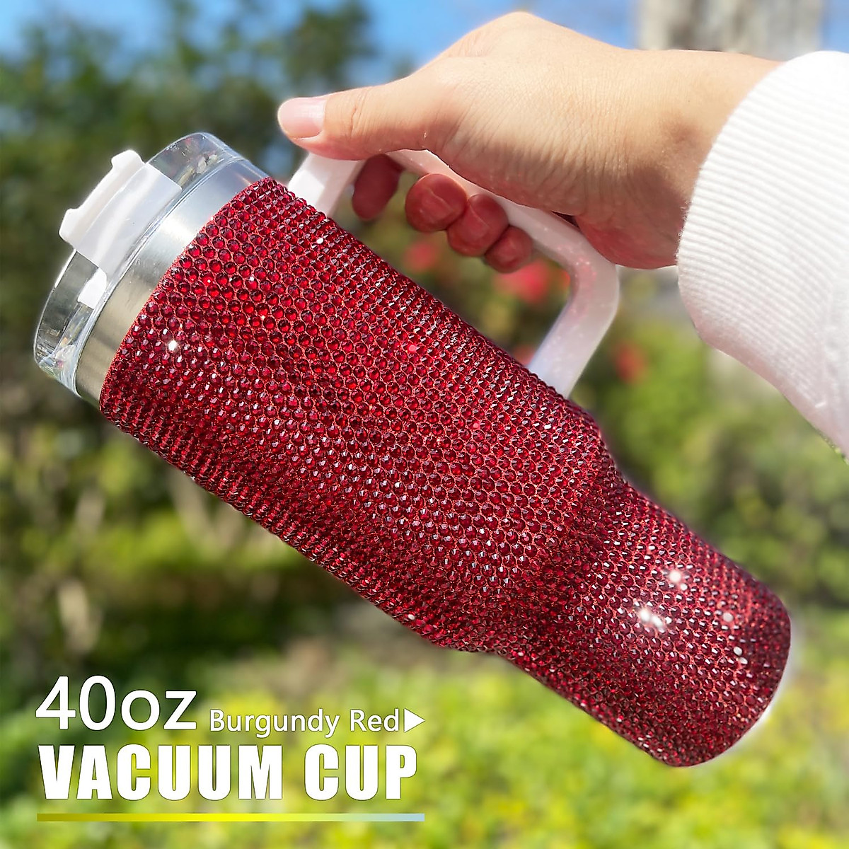 Cupcupmore 40oz Burgundy Red Bling Rhinestone Stainless Steel Sippy Tumbler Glitter Vacuum Insulated Water Bottle with Straw & Lid &Handle,Thermos for Hot & Cold Drinks,Car Cup Holder,Coffee
