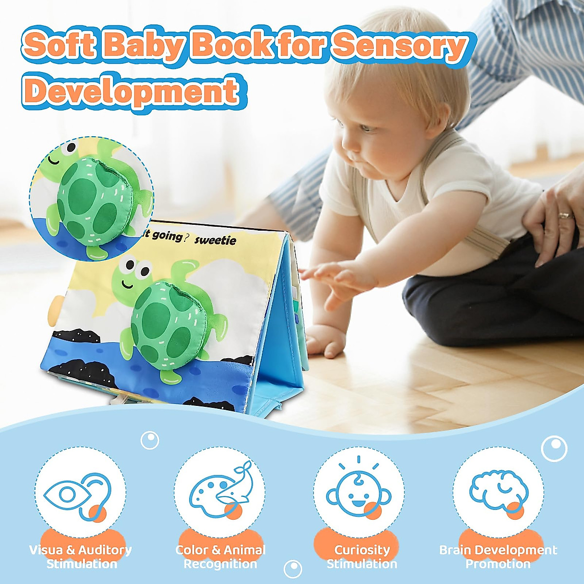 Baby Toys 0-6 Months, Tummy Time Mirror for Infant 0-3-6-12 Months Old, Newborn Sensory Gifts for Brain Montessori Development, Boys & Girls Toy, High Contrast Activity Crinkle Book w Safe Mirror