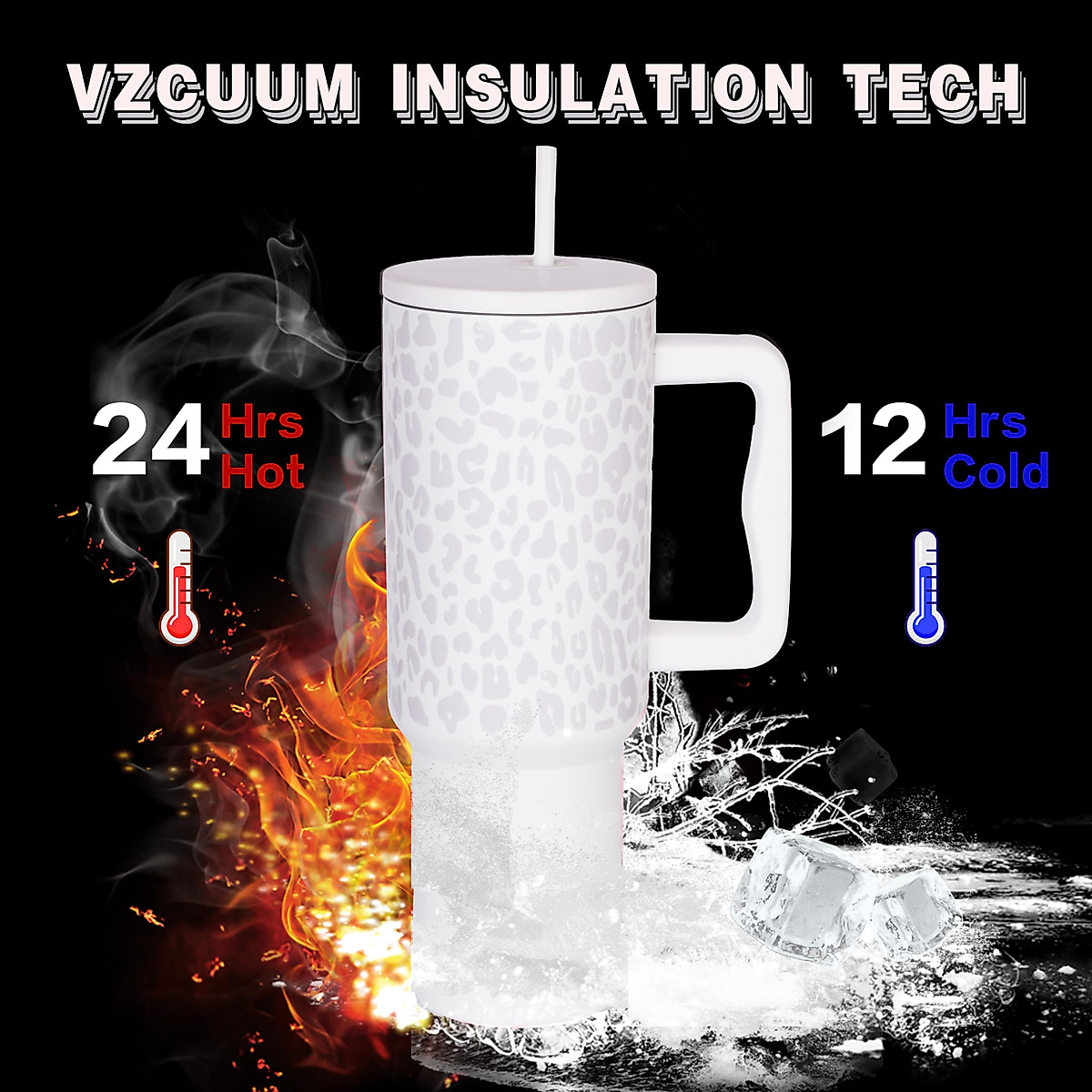 ZHIDENGWJ Stainless Steel Vacuum Insulated Tumbler with Lid and Straw for Water, Iced Tea or Coffee(White Leopard Print)