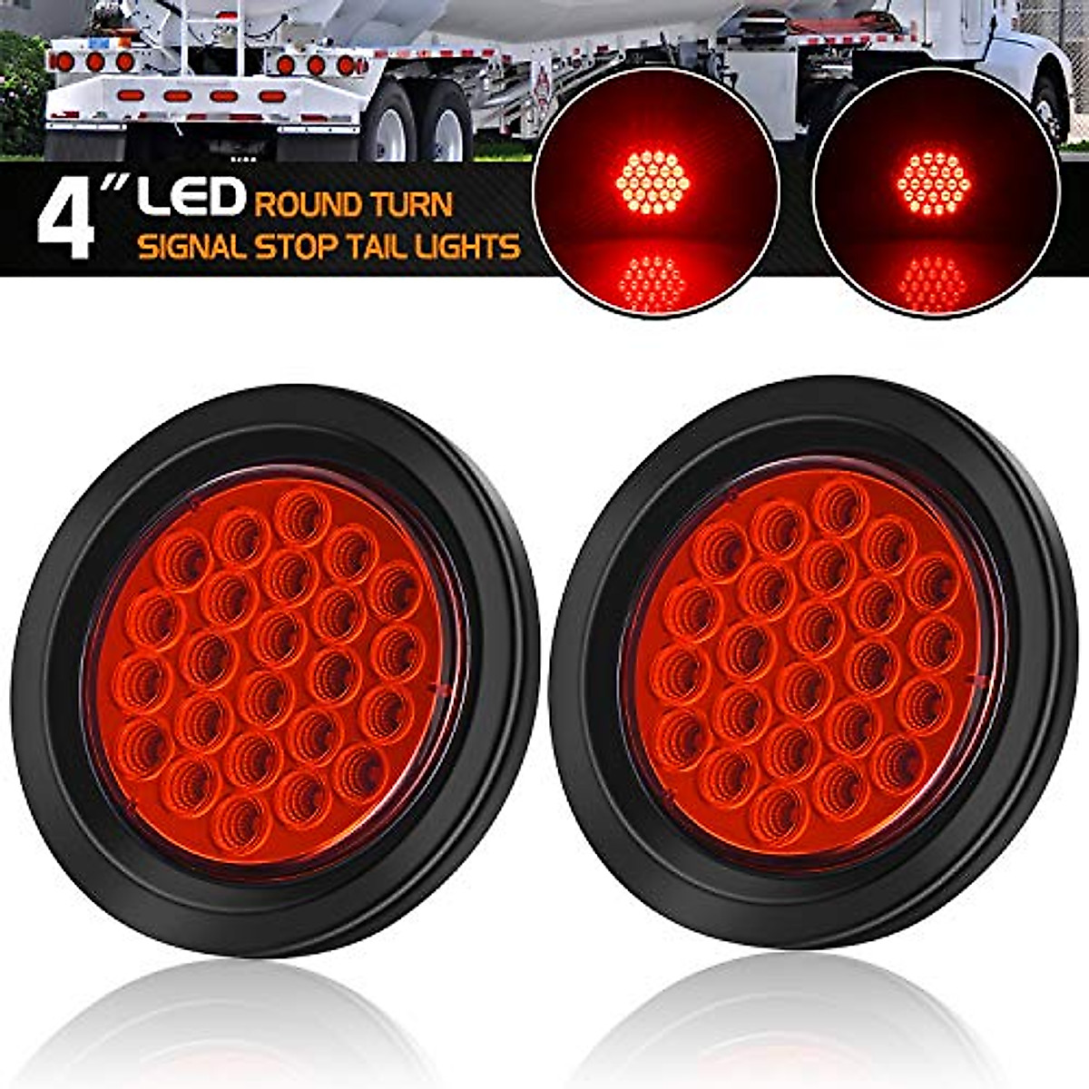 LINKITOM 4 Inchs Round Trailer Lights, Super Bright Red 24 LED Brake Turn Signal Tail Lights with Waterproof Rubber Gaskets for Boat Trailer Truck RV [DOT Certified] [IP67], 2 Pack