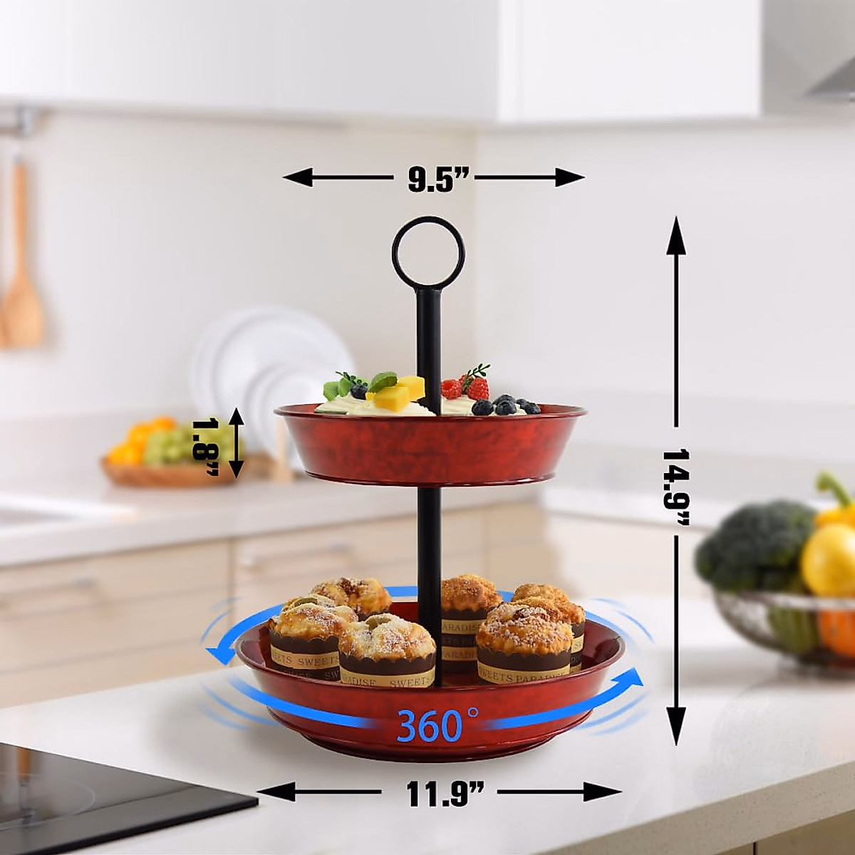 LF Likefair Red 2 Tiered Serving Stand Tray, Lazy Susan, Cake Stands Cupcake Holder,360° Rotation Dessert Stand Table Decorations for Party Wedding Home Decor