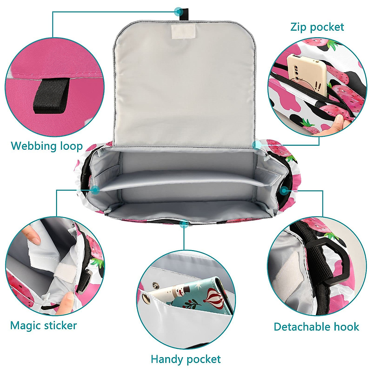 RunningBear Custom Cow Strawberry Universal Baby Stroller Organizer Personalized Stroller Caddy with Cup Holders Customized Universal Stroller Caddy for Mom Dad