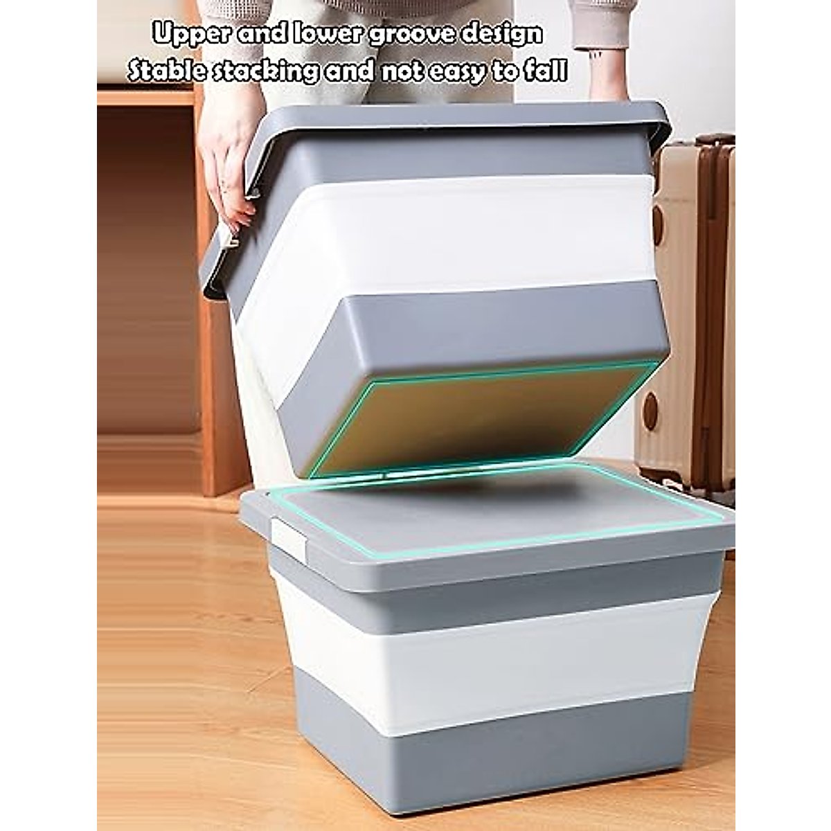 Beinilai Collapsible Storage Bins with lids,26 Qt Plastic Storage Bin Containers Tote Organizing with Secure Buckles，Suitable for Family Outdoor Multi-scene,Grey