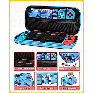 Xinocy for Nintendo Switch 9 in 1 Storage Accessories Kit with Travel Carrying Case+Switch Protective Cover+Game Case Holder+Strap+Sticker+2 Joycon Shells+2 Thumb Caps Cute for Boys Kids Girls -Stit