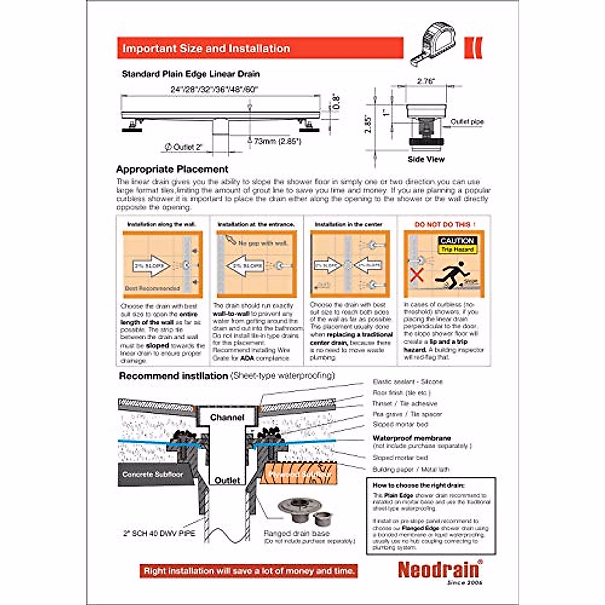 Neodrain 24 Inch Rectangular Linear Shower Drain with Brick Pattern Grate, Brushed 304 Stainless Steel Bathroom Floor Drain,Shower Floor Drain Includes Adjustable Leveling Feet